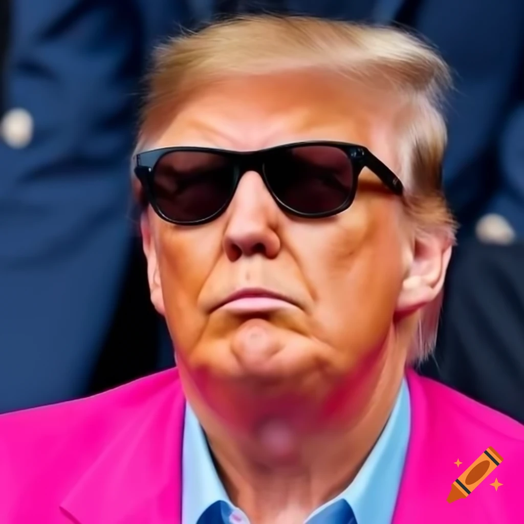 Donald Trump in aviators and pink jacket with blue ripped jeans on Craiyon