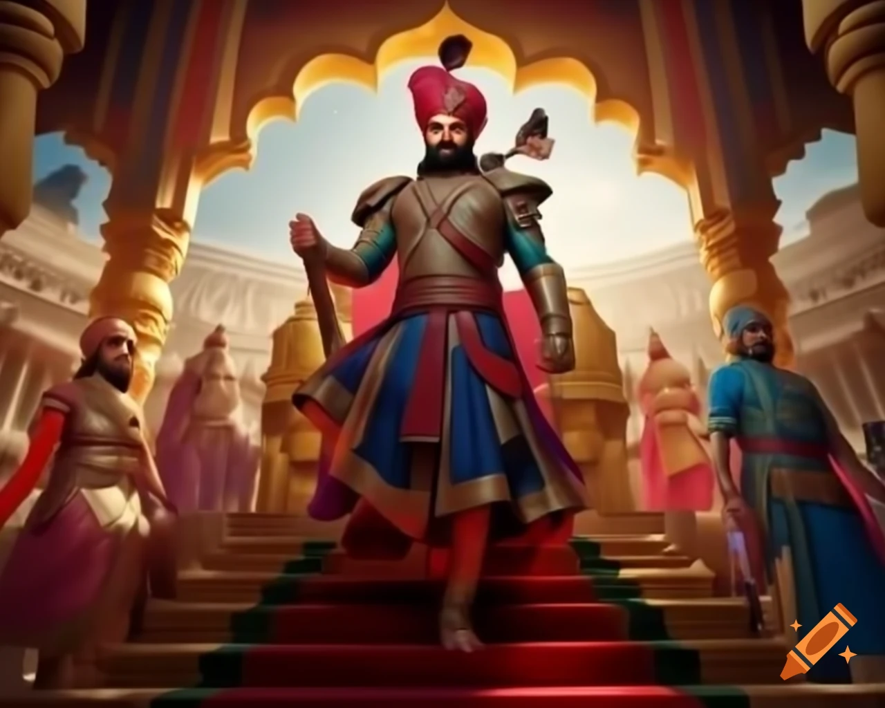 Majestic Rajput warrior in armor and vibrant turban entering royal ...
