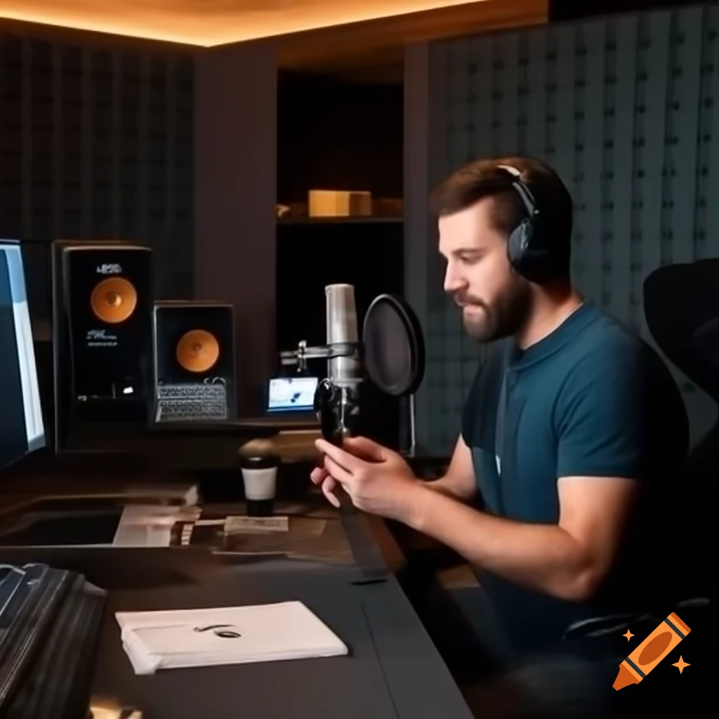 Individual recording voice in modern soundproof studio with audio gear on Craiyon