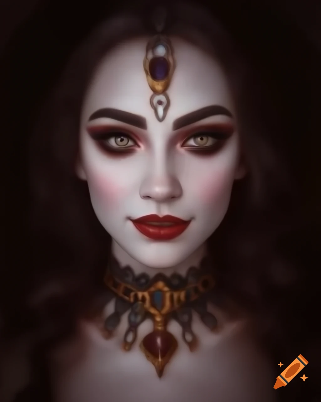 Gothic-style portrait of a smiling beauty with ornate choker, in ...