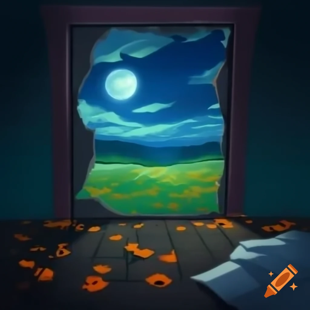 Moonlit landscape through broken window at Howl's Moving Castle with ...