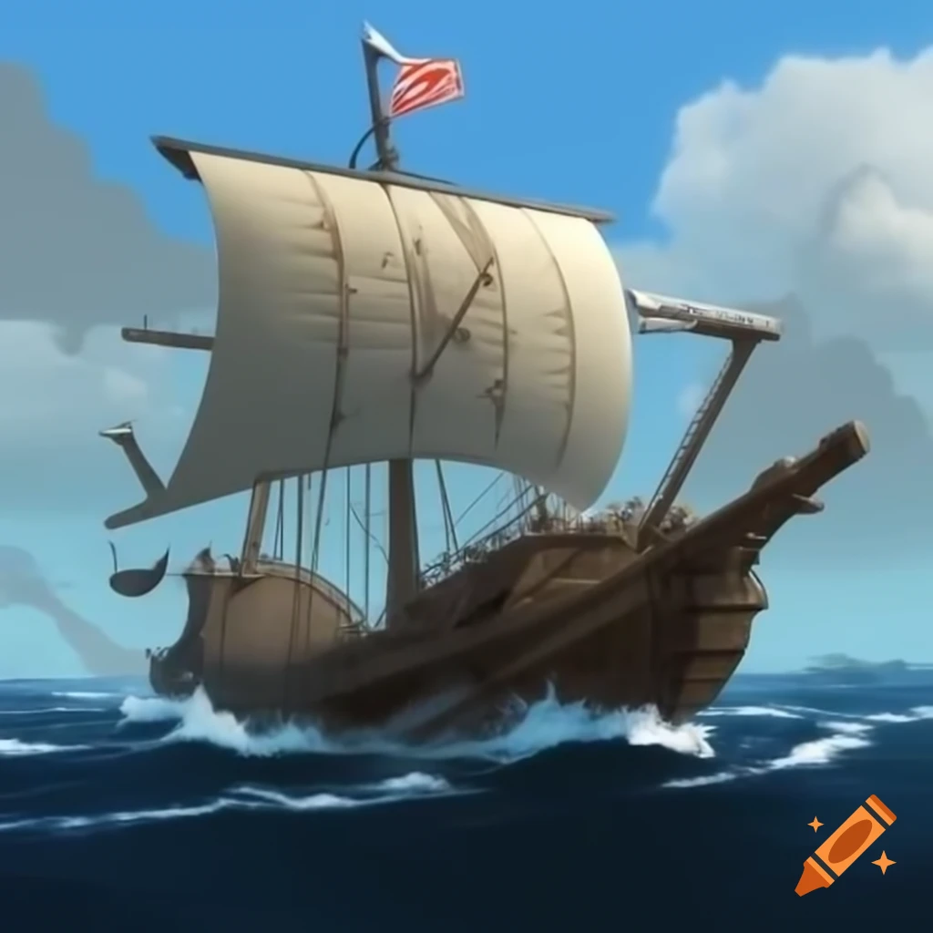 30-meter wooden ship with sail, iron-clad bow, catapult, and crossbows ...