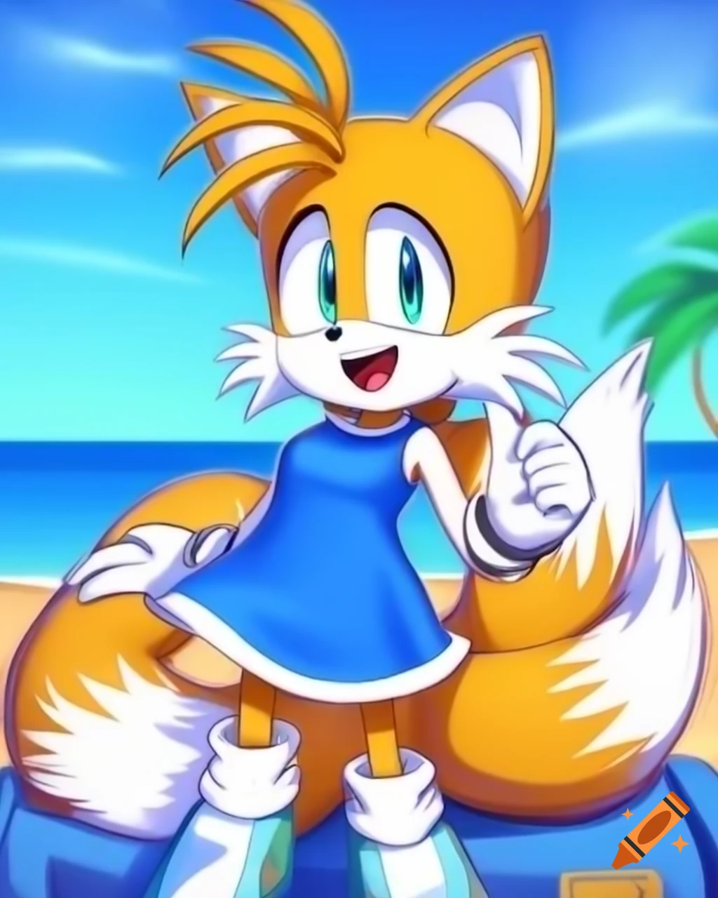 Female Tails character from Sonic the Hedgehog in blue dress at seaside resort on Craiyon