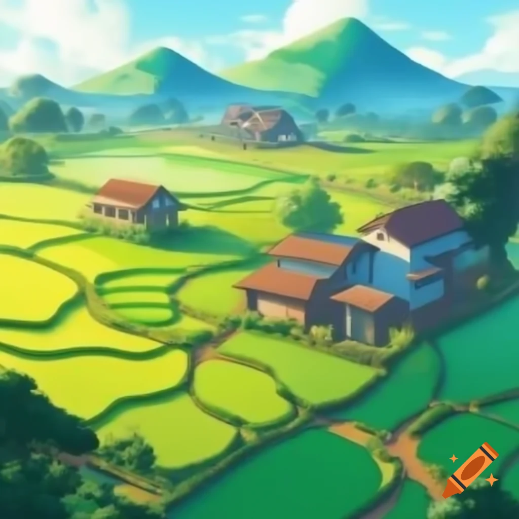 Small village surrounded by lush rice fields on Craiyon