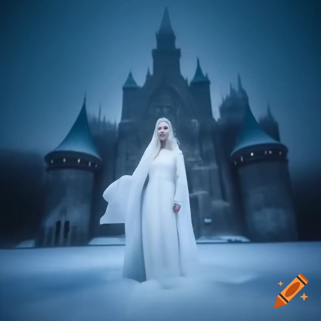 Snow queen in white robe and veil in majestic castle, evoking frozen ...
