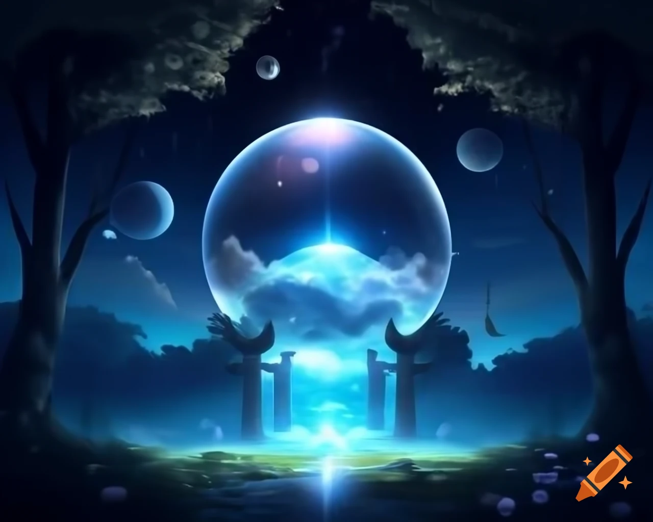 Surreal fantasy world with space distortion bubble and moonlit forest ...