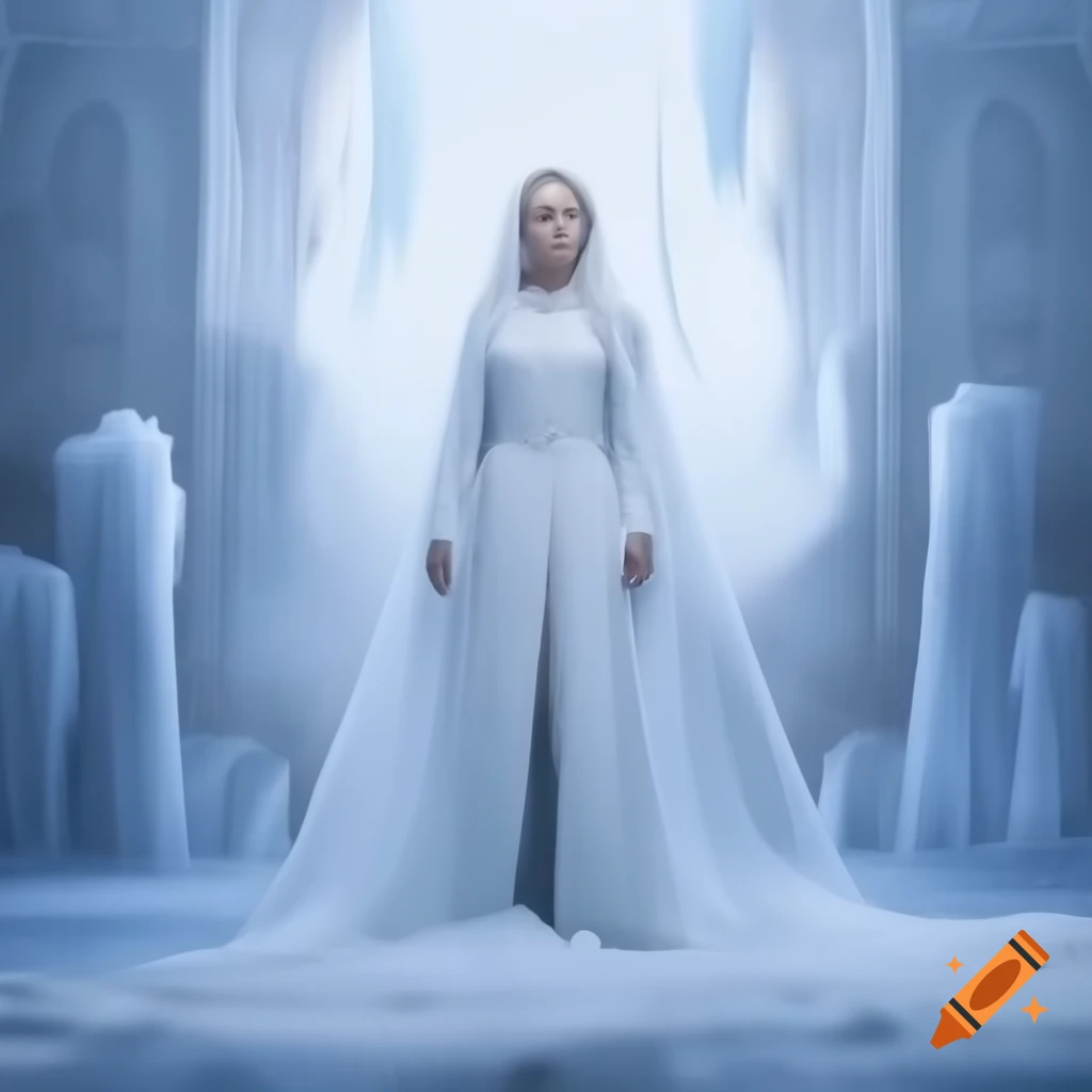 Snow queen in white robes and veil standing in majestic castle, evoking ...