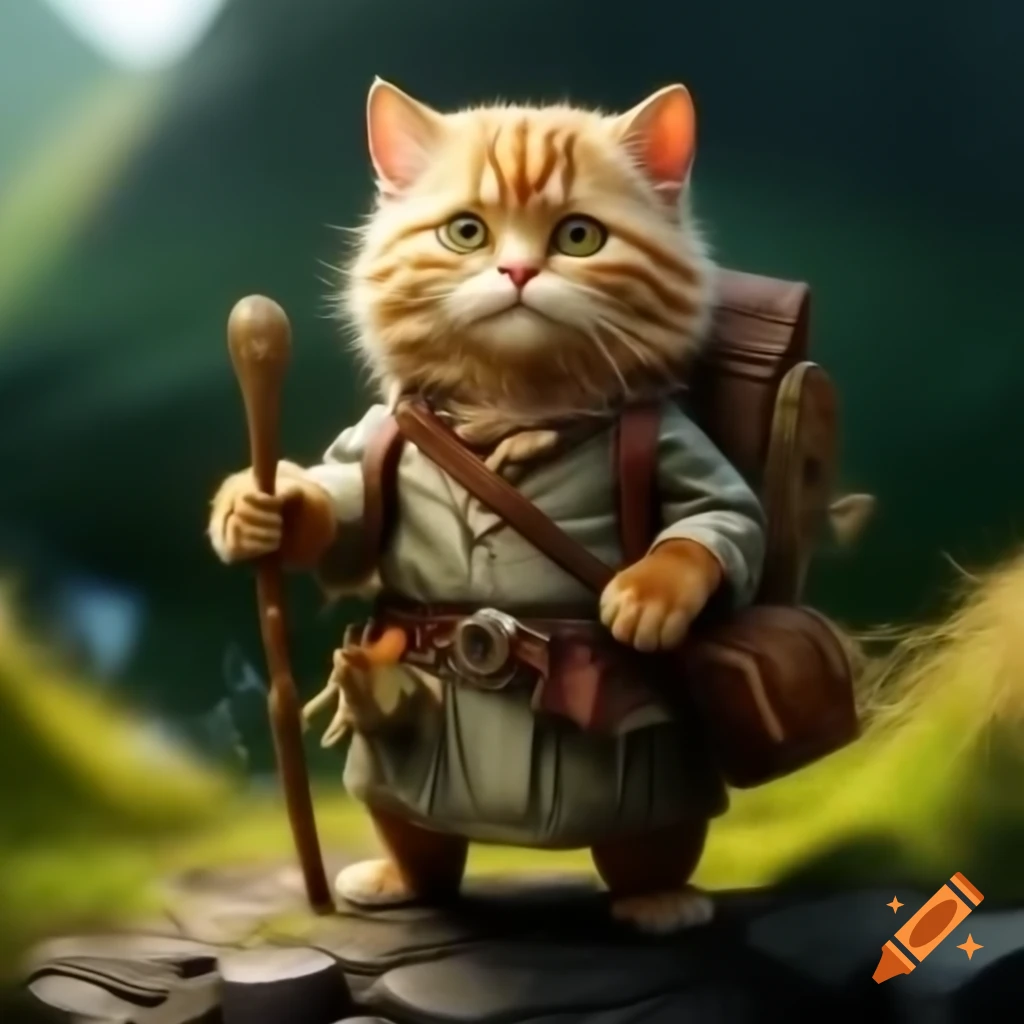 Furry feline resembling a hobbit hiking with a miniature backpack on ...