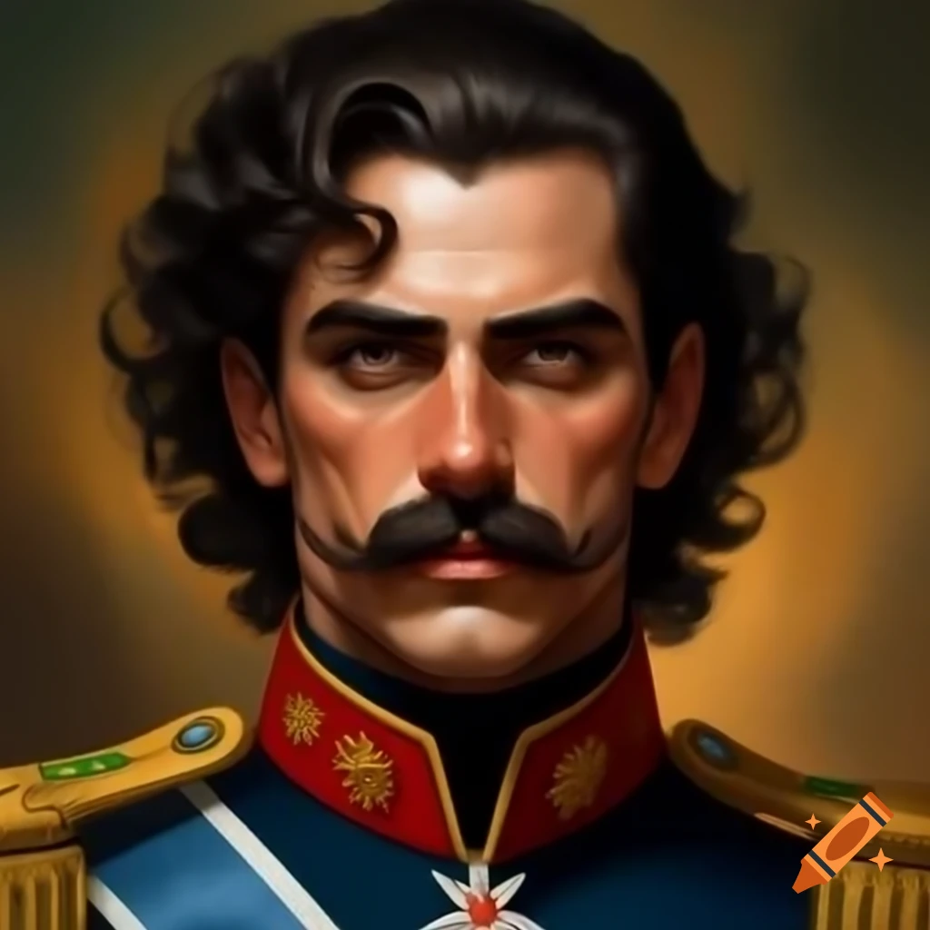 Portrait of Brazilian military officer in royal red uniform with golden ...