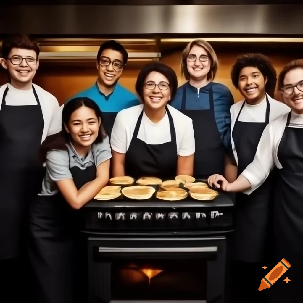 Scholars proudly showcasing pancakes in a culinary classroom on Craiyon
