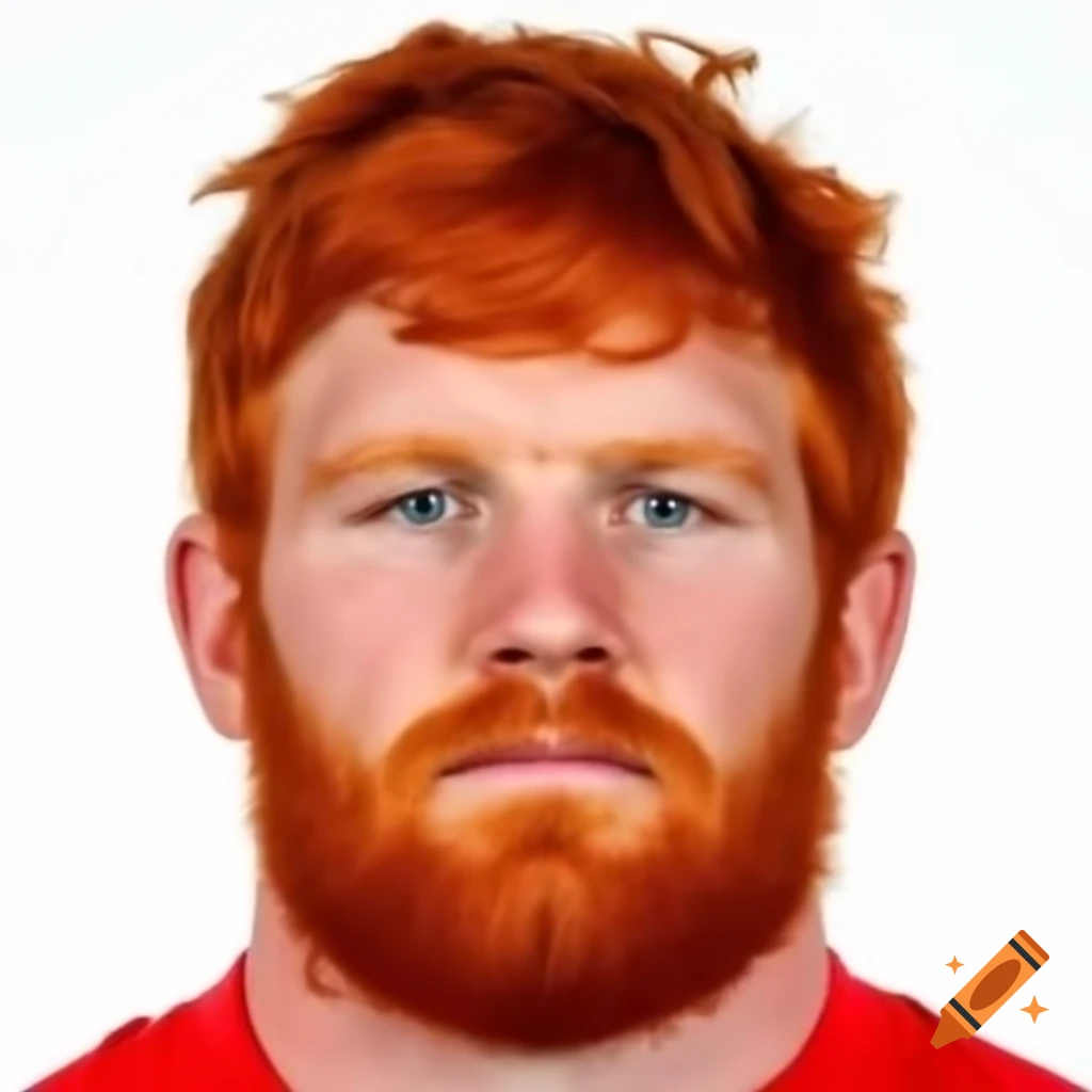 Rugby player with red hair, muscular build, and short beard on Craiyon