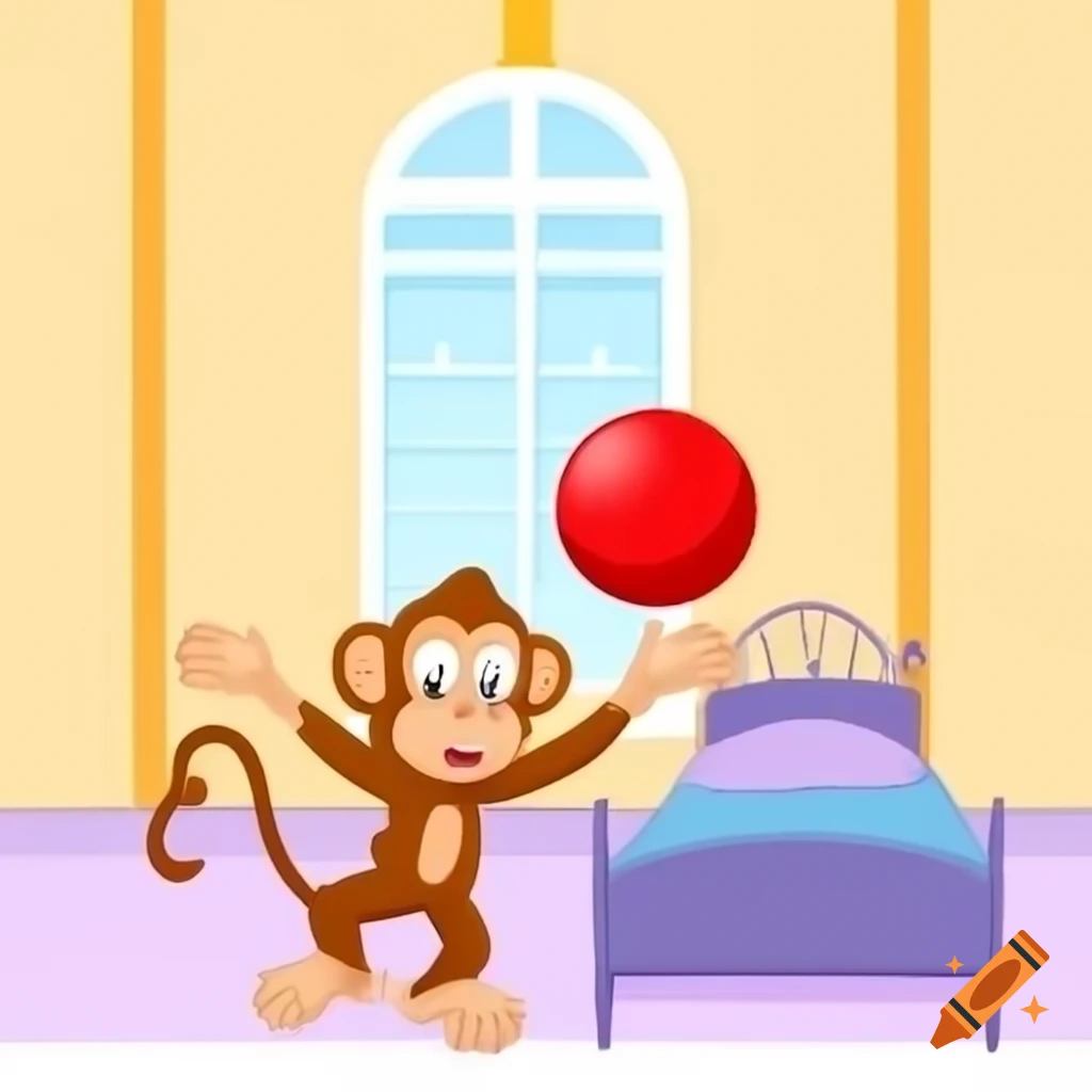Cartoon monkey in whimsical bedroom reaching for red ball on Craiyon