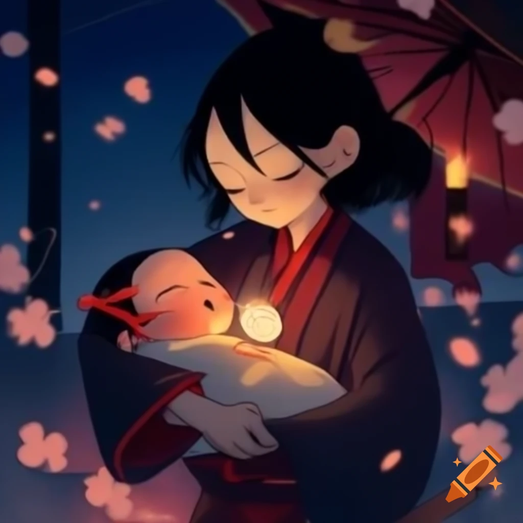 Samurai cradling sleeping baby girl surrounded by cherry blossoms and ...