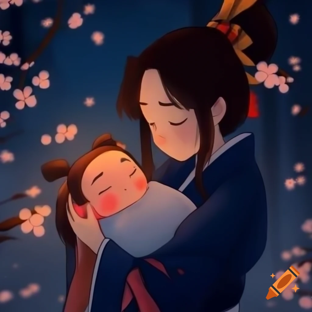 Samurai cradling sleeping baby girl surrounded by cherry blossoms and ...
