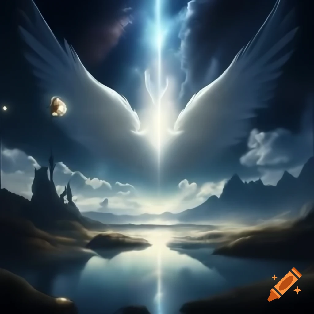 Mystical landscape with glowing crystalline seraphim and six shimmering ...