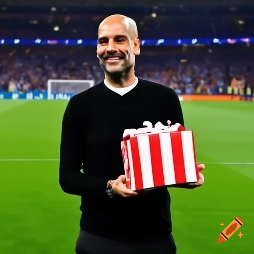 Birthday card design featuring pep guardiola holding a present with ...
