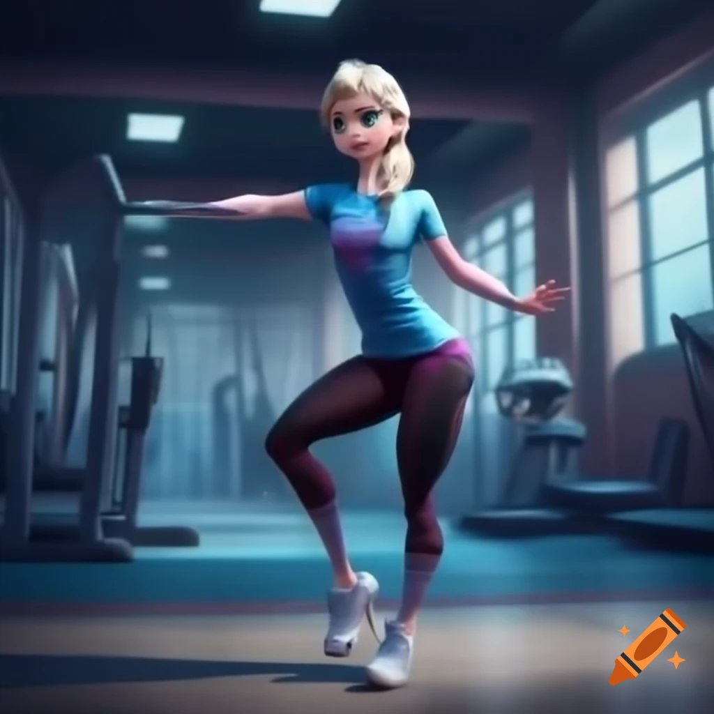Hyper realistic pixar style illustration of fit elsa in gym attire ...