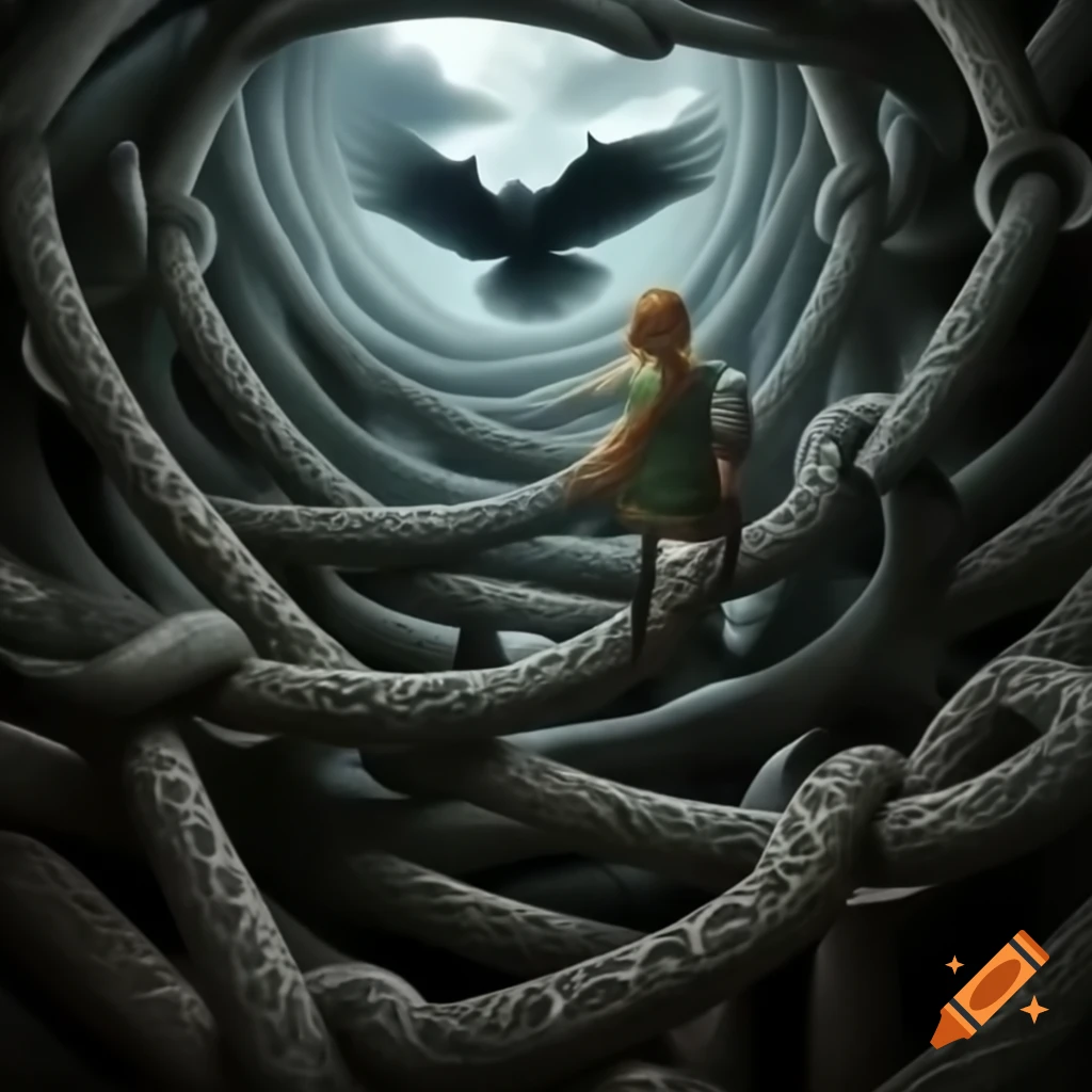 Girl with raven in large labyrinth of rusty chains under metal sky on ...