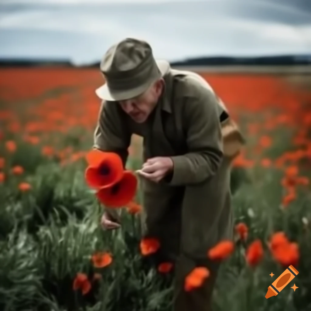 World War II soldier picking up poppy flower in battlefield on Craiyon