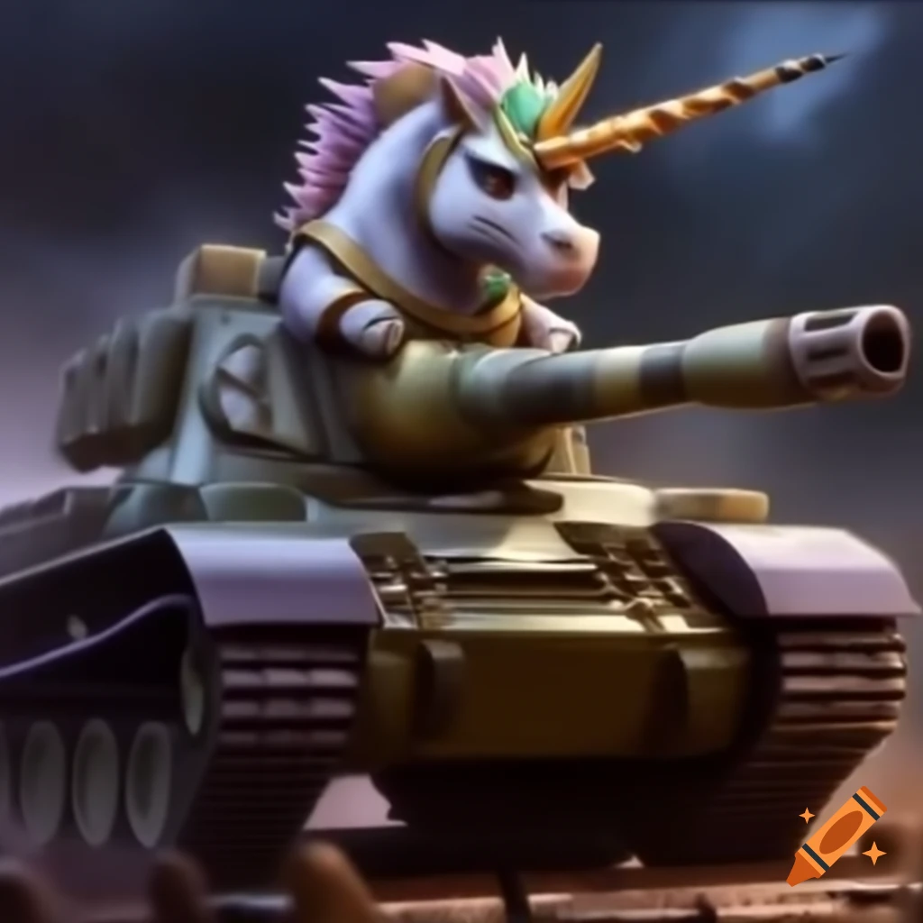 Unicorn in armor sitting on a military tank, ready for adventure on Craiyon