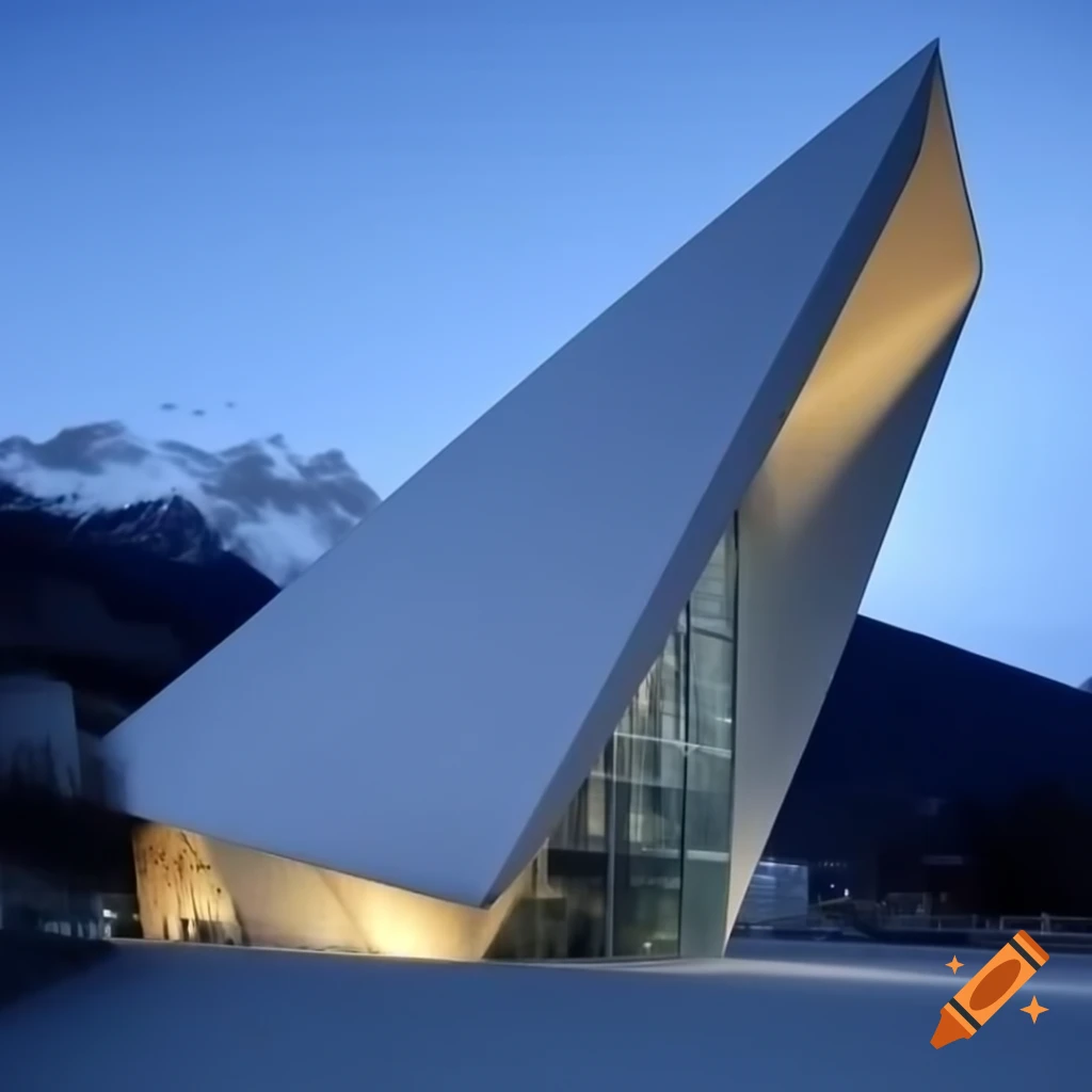 Concept of an elongated Alpine Museum building with glass facade ...