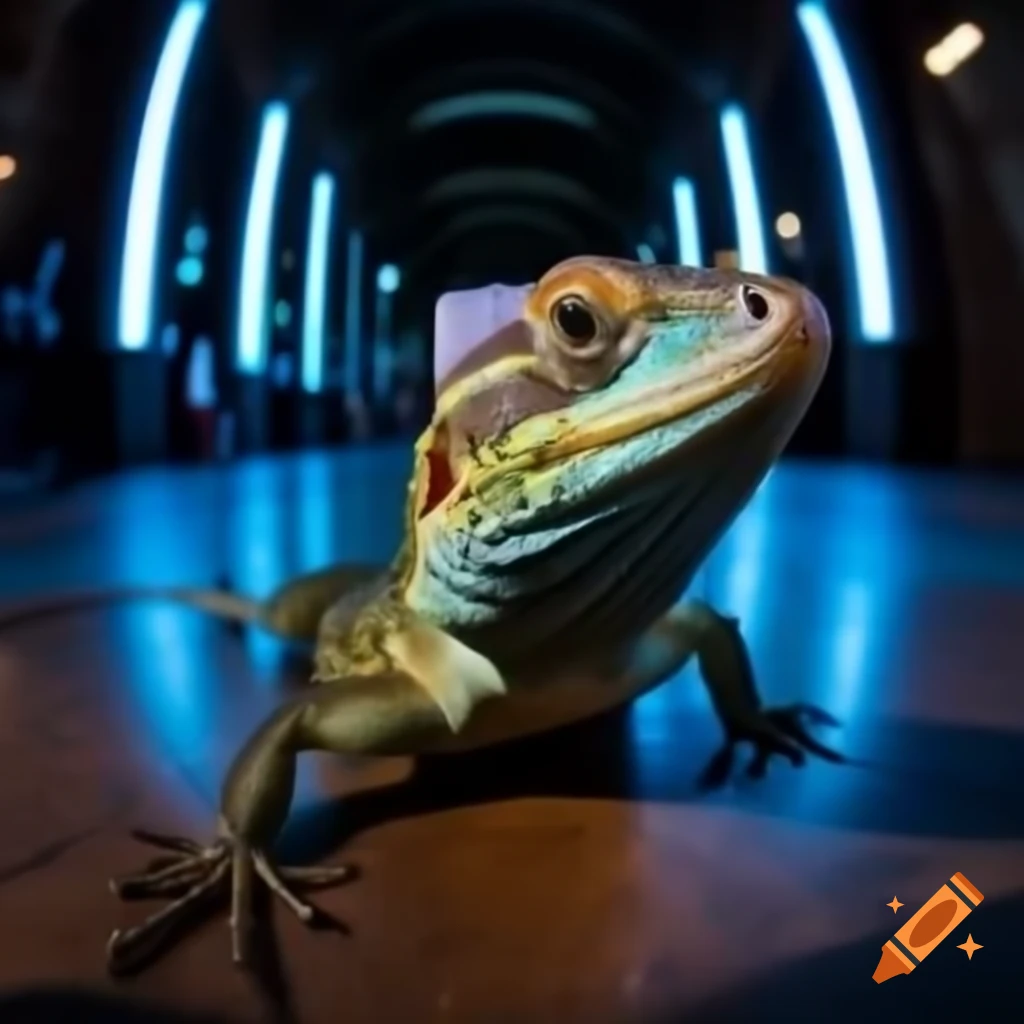 Lizard with one eye in blue-lit hall, styled for profile picture on Craiyon
