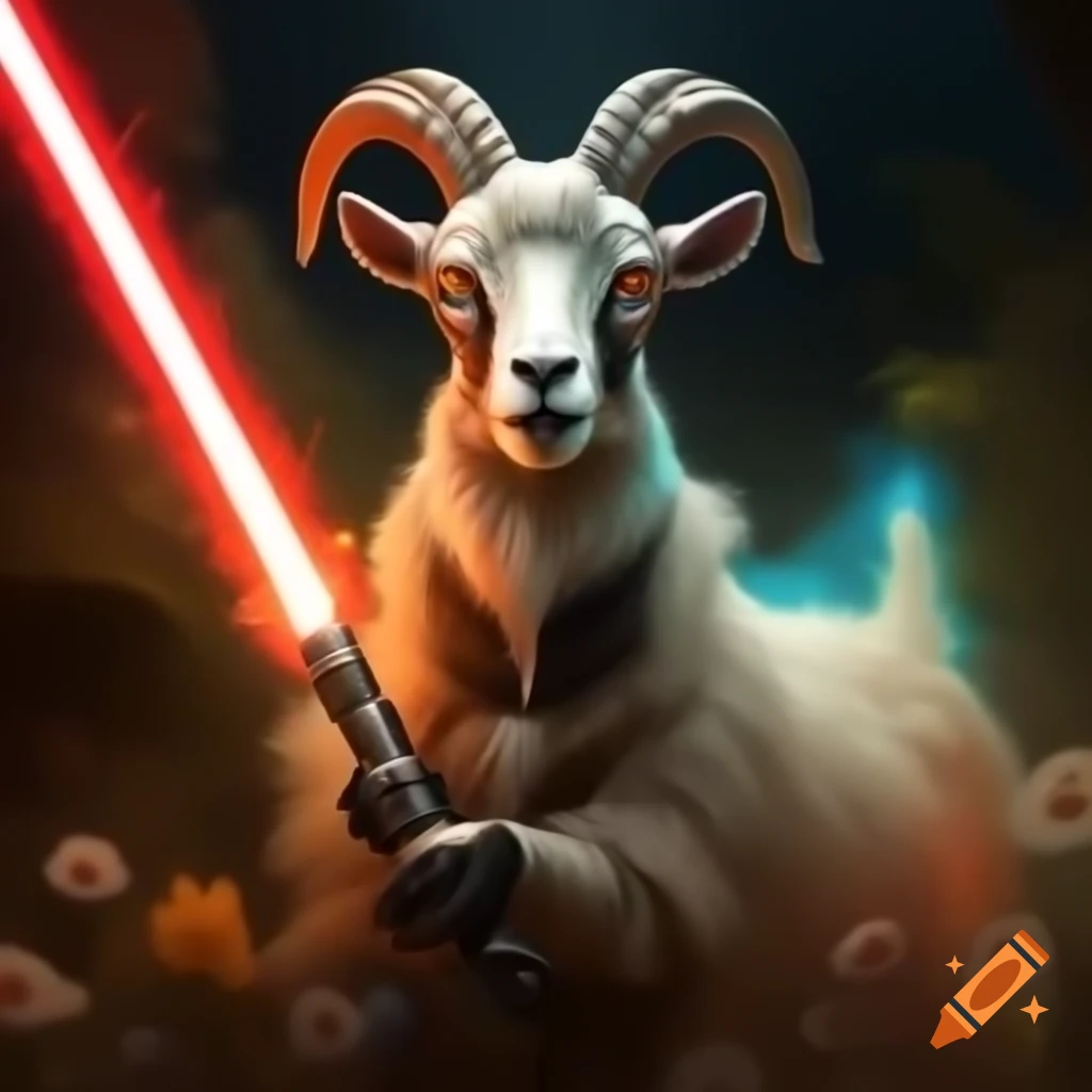 Majestic goat wielding glowing lightsaber, whimsical blend of nature ...