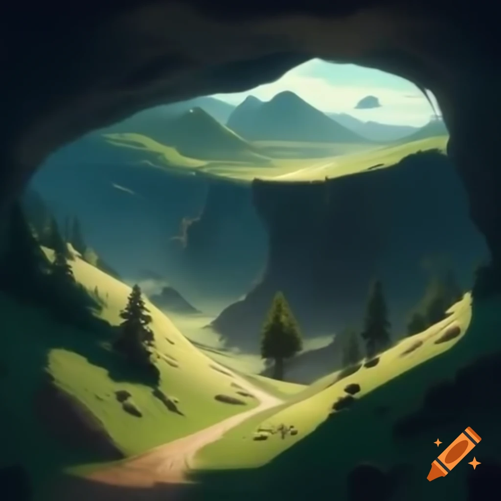 Aerial view of small valley with trees and a gentle path leading to a mine on Craiyon