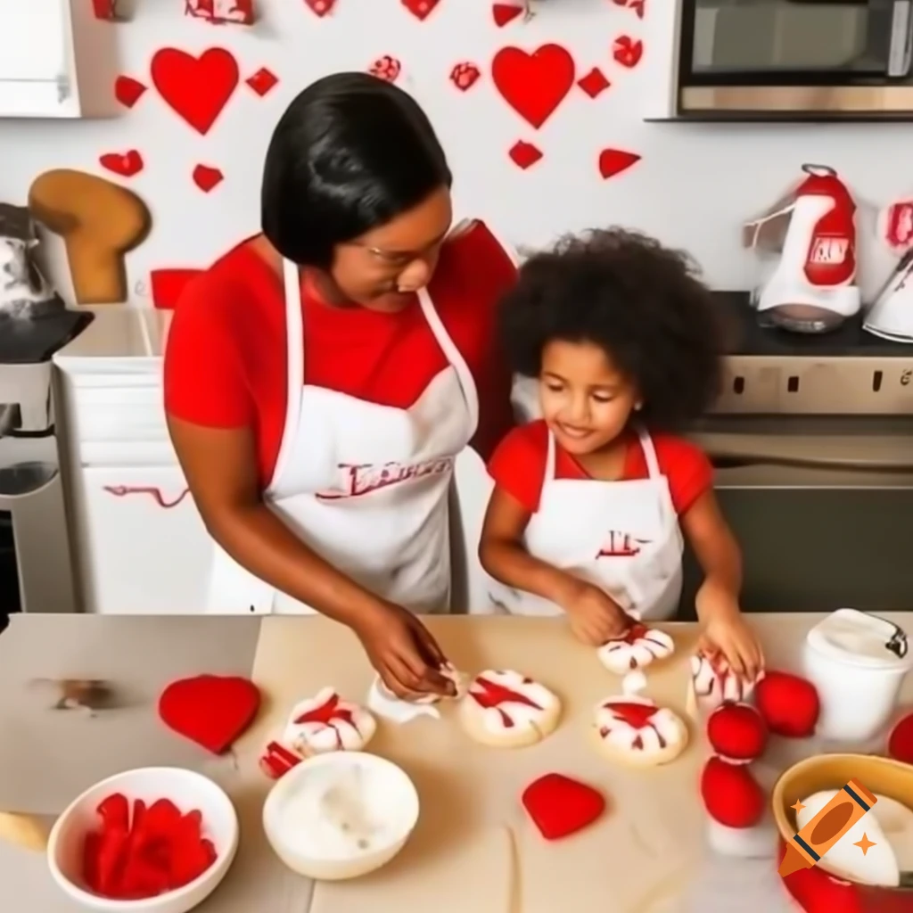 African-american mom and daughter baking valentine's day cookies in ...