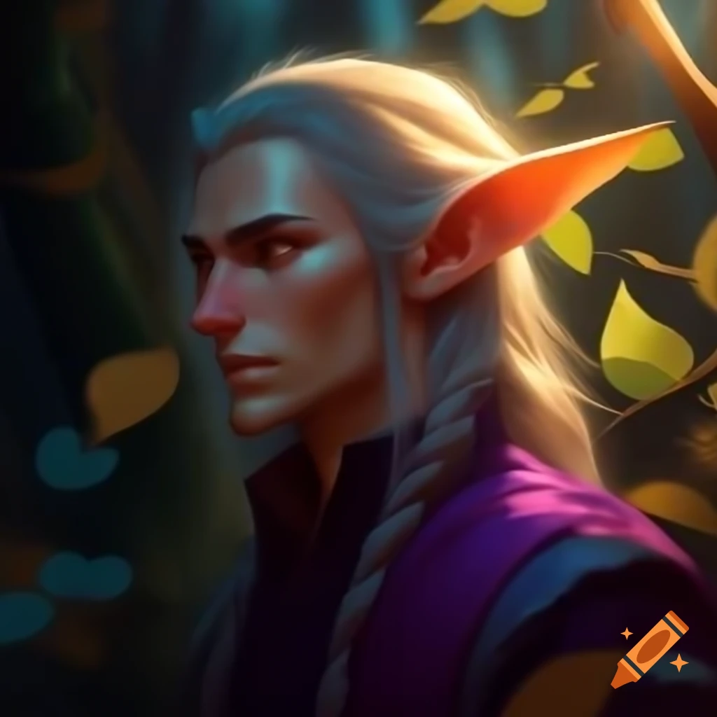 High elf wizard with golden sunlight filtering through leaves ...