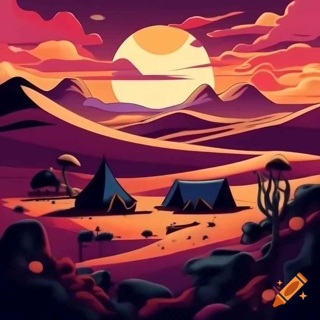 Colorful tents in psychedelic sandy desert with Ethiopian Orthodox ...