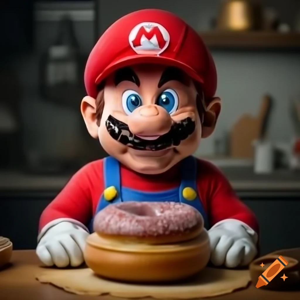 Super mario character with big muscles baking donuts in high definition ...