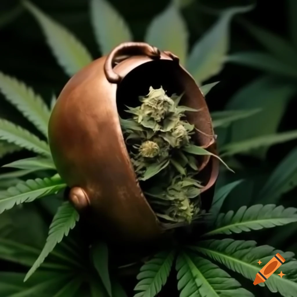 Bronze age helmet container with flowering cannabis plant on Craiyon