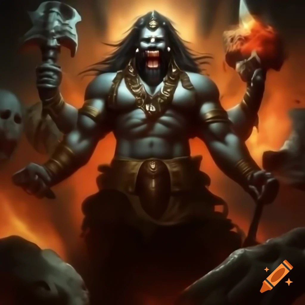 Fearsome deity with dark complexion and blazing ember-like eyes ...