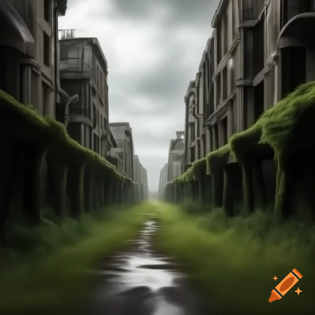 Abandoned location with crumbling buildings overtaken by nature on Craiyon