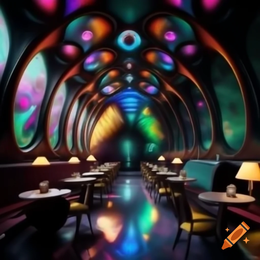 Surreal futuristic tea cafe with colorful deep colors and bokeh effects ...