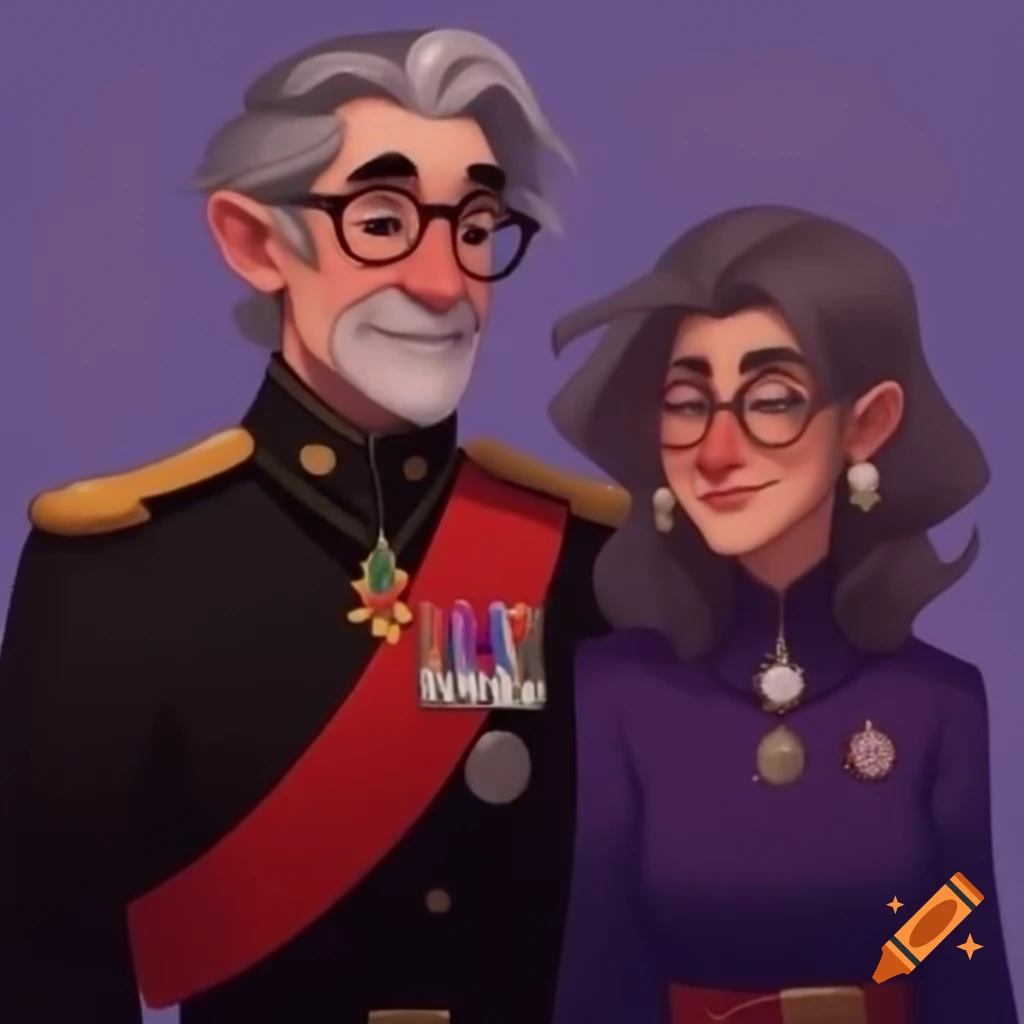 Modern king and queen, middle-aged with glasses, king in military ...