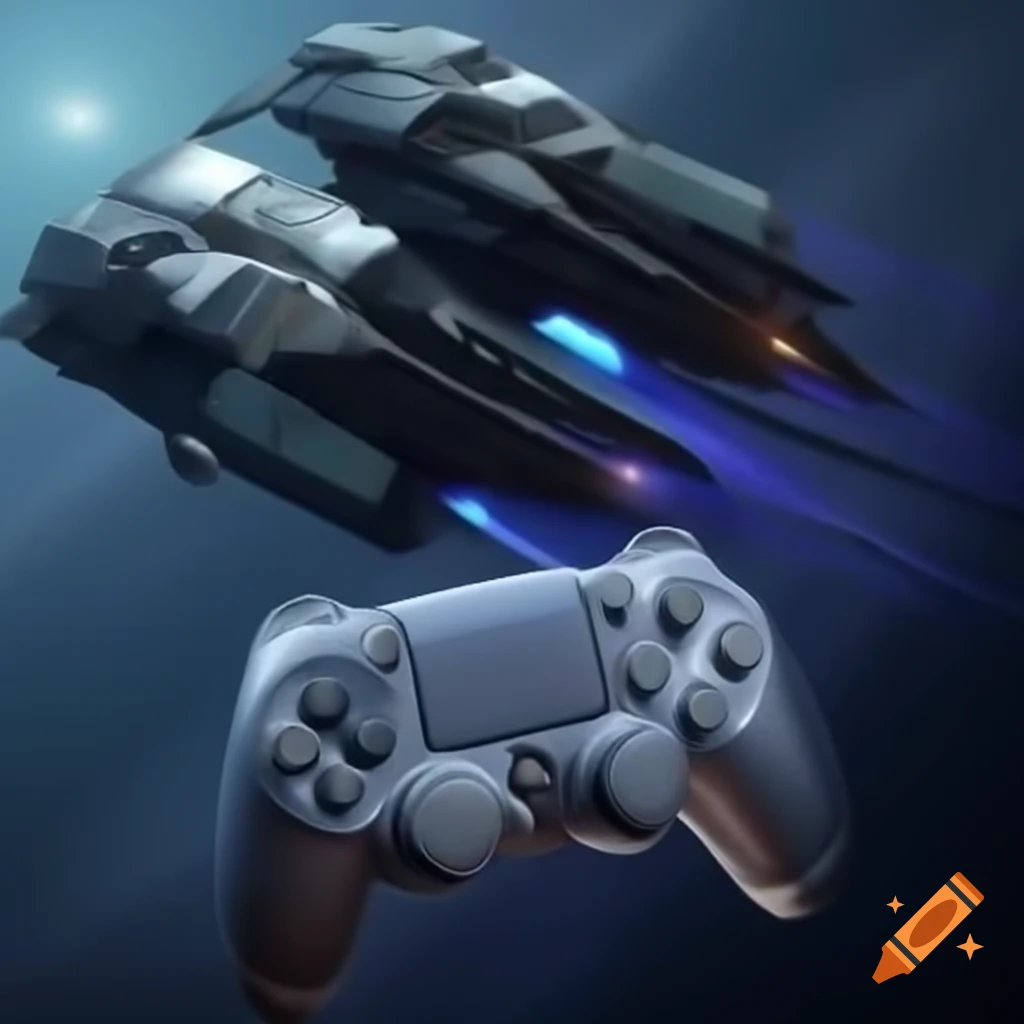 Spaceship controlled by PS5 controller in a 3D environment on Craiyon
