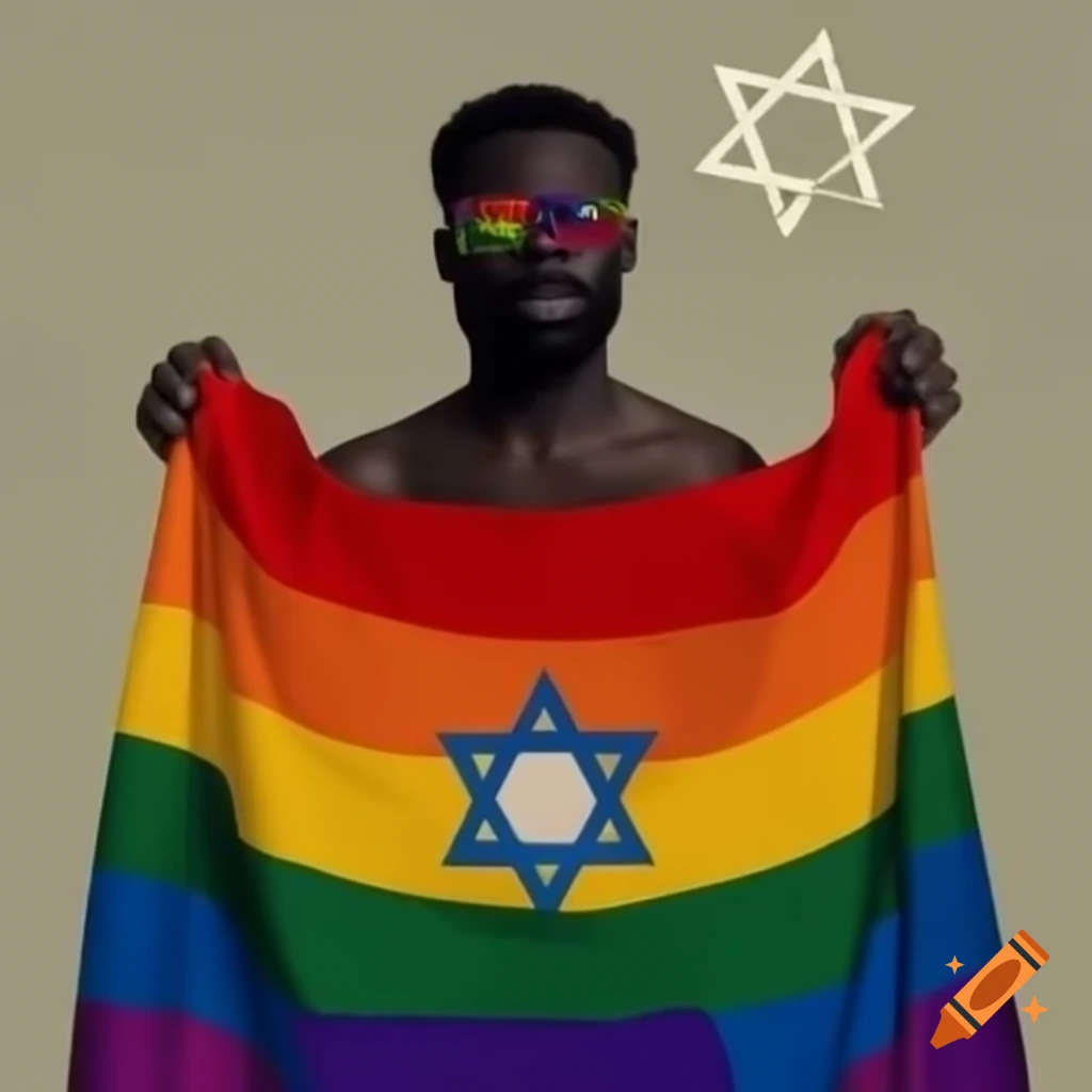 Man with Down's syndrome holding rainbow flag and Star of David on Craiyon