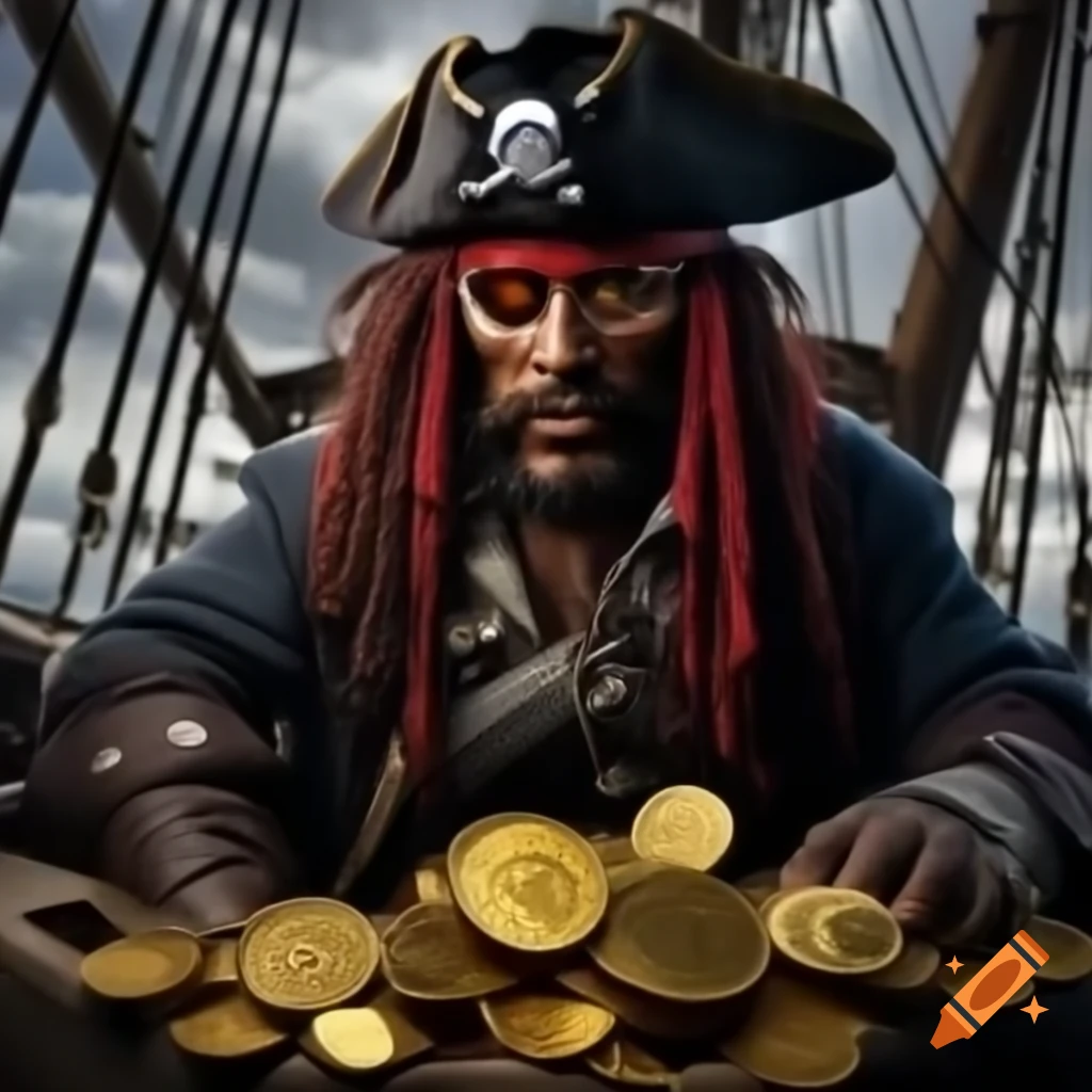 Blackbeard pirate with eye patch on ship surrounded by overflowing ...
