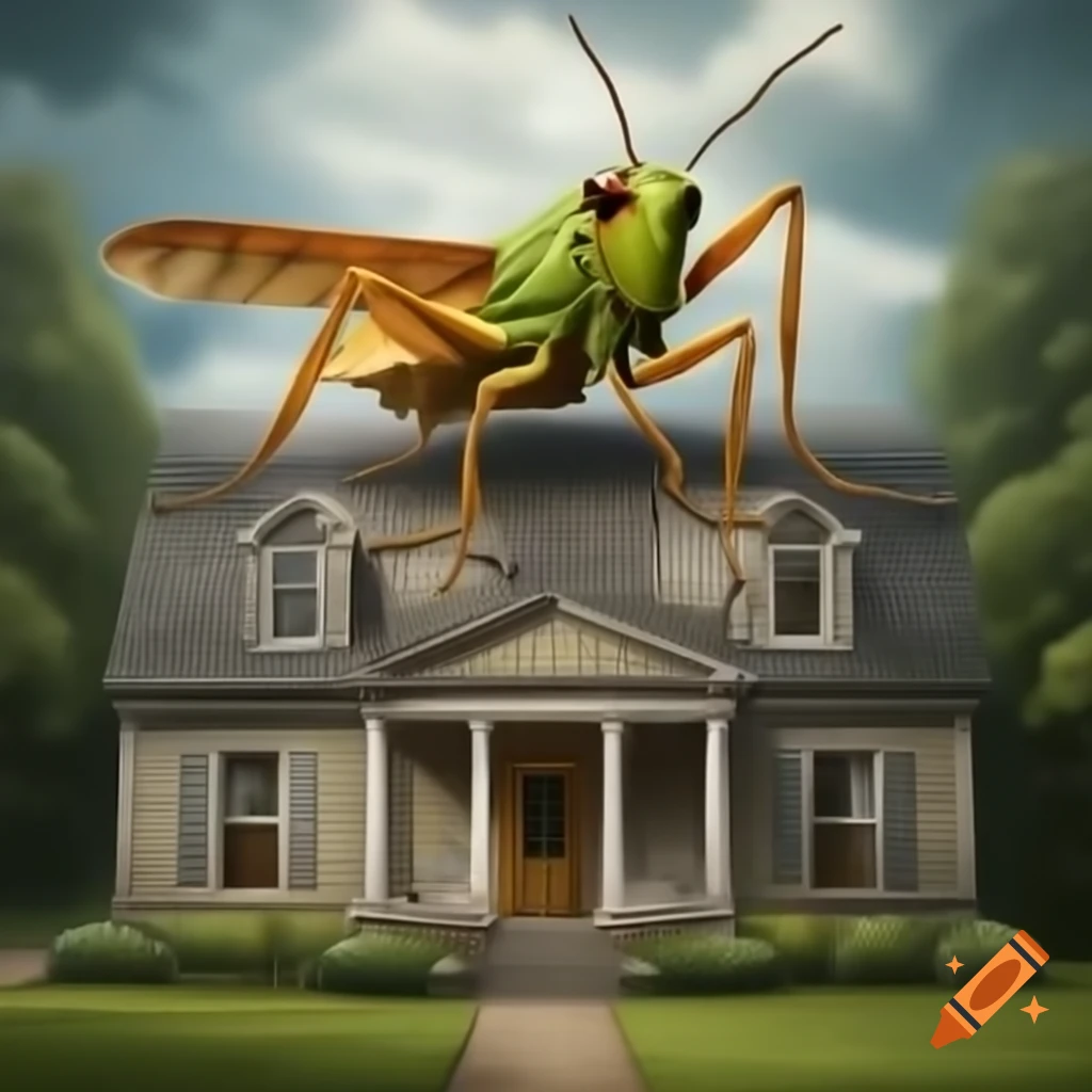 Giant locust controlling human puppets inside a house on Craiyon