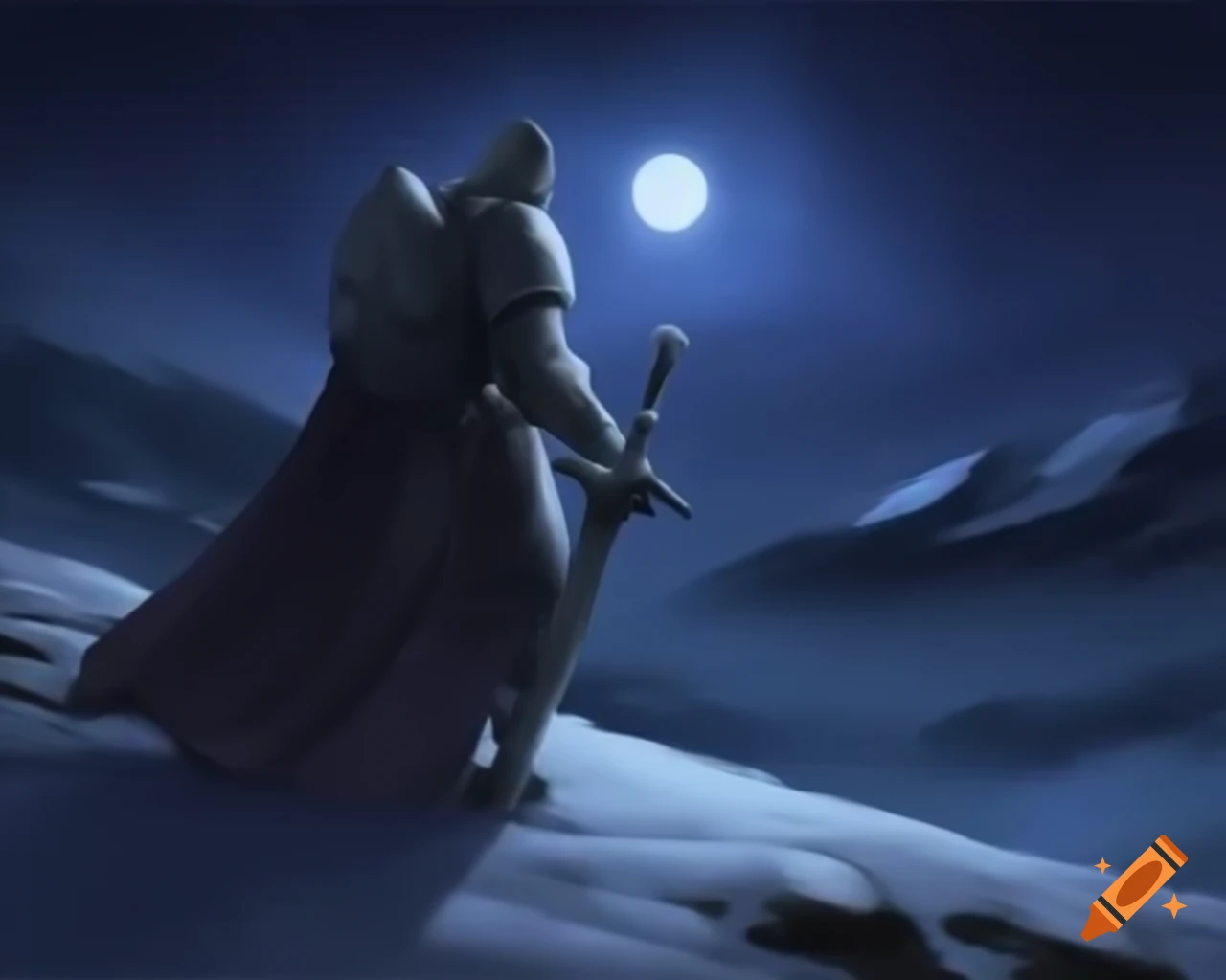 Knight in bluish-white armor holding sword on snowy mountain under ...