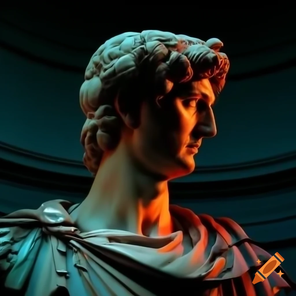 Strong stoic portrait of Marcus Aurelius in dramatic light and colors ...