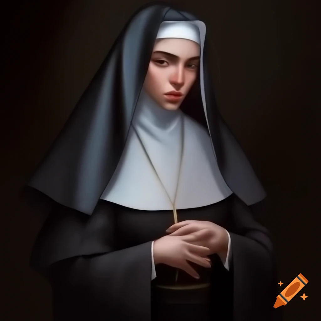 Close-up of a young nun holding a rosary with a suspicious expression ...