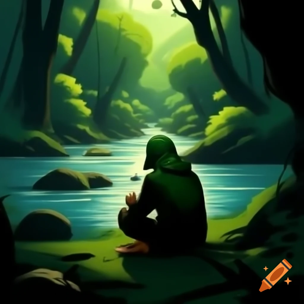 Muslim man in green hood sitting by river in forest with shadowed face on Craiyon