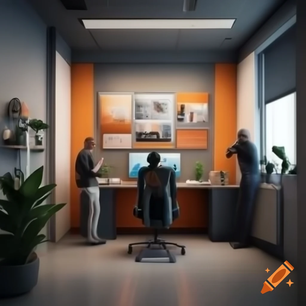 Modern digital marketing office with three people working in a light ...