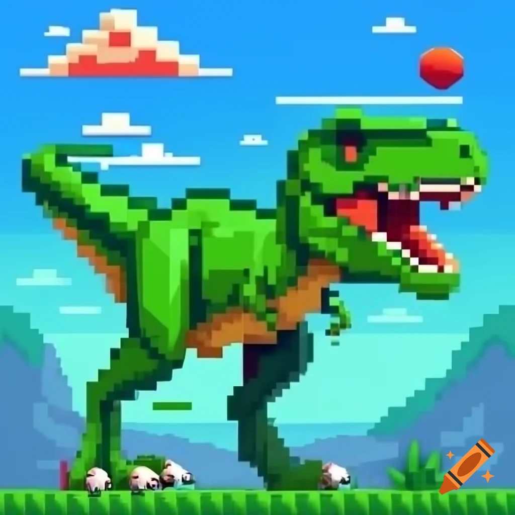 2D pixel art T-Rex character for game design, 64x64 resolution on Craiyon