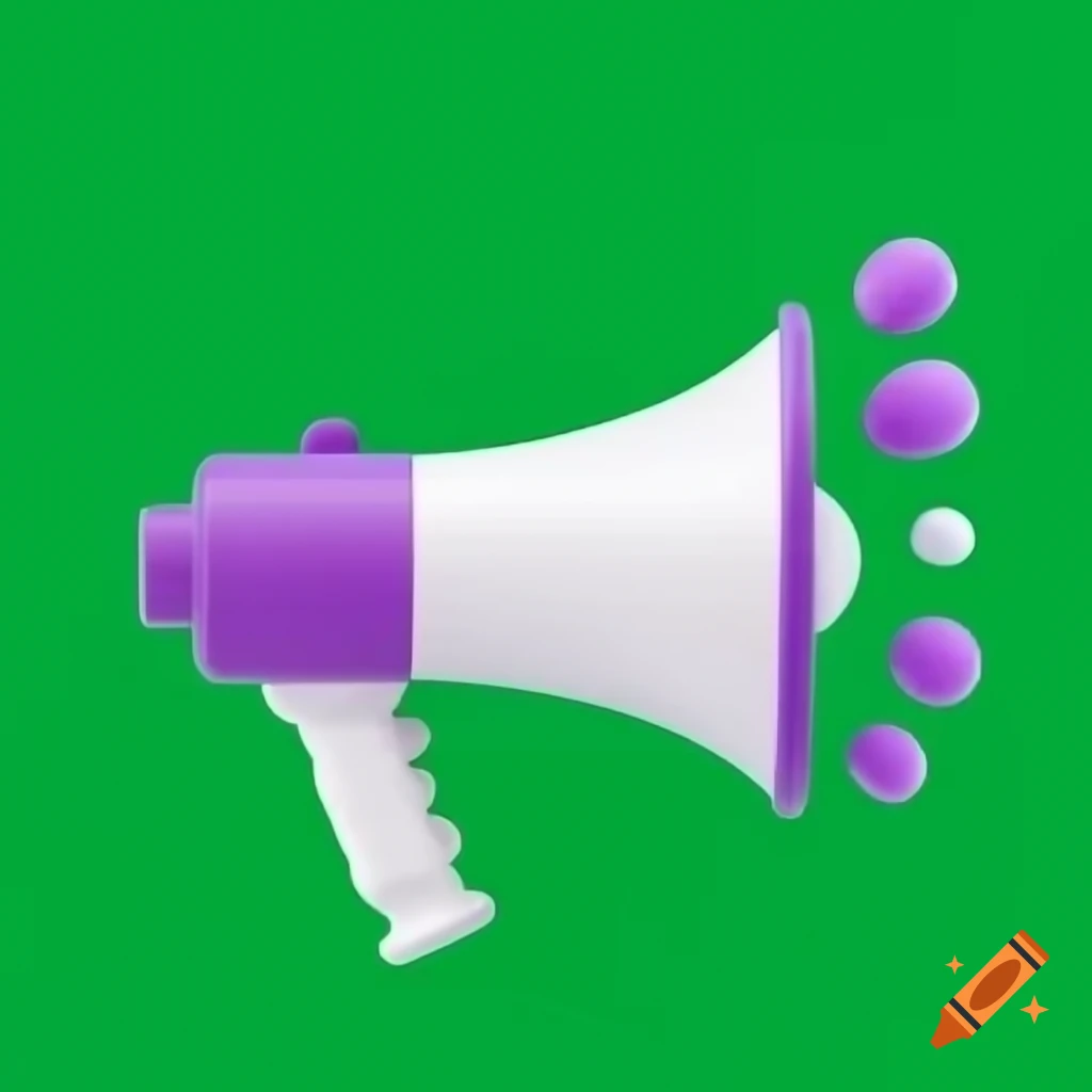 White megaphone with purple paint on solid green background on Craiyon