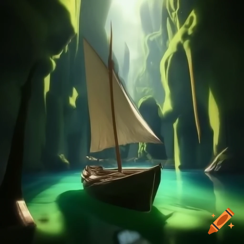 Old sailboat navigating lush canyon with steep moss-covered walls on ...