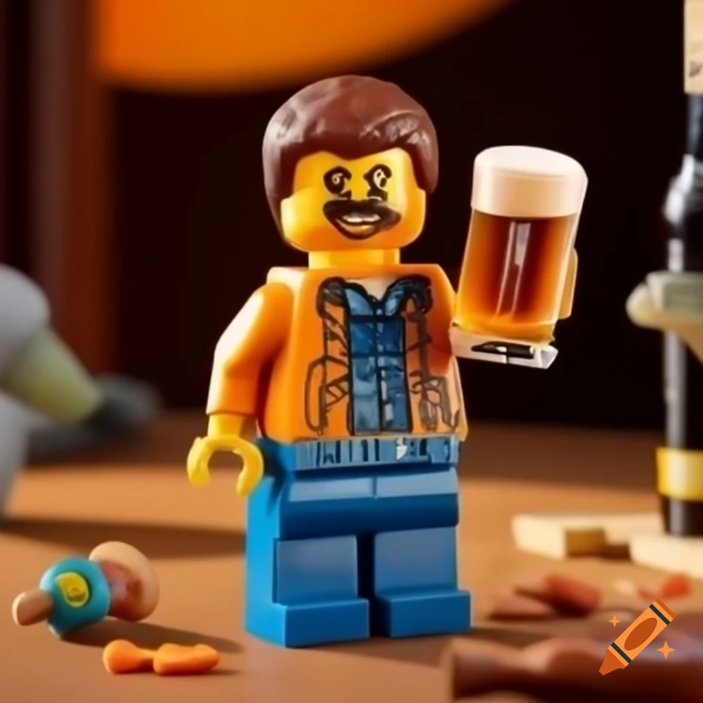 LEGO figurine enjoying a beer while playing a vinyl record on Craiyon
